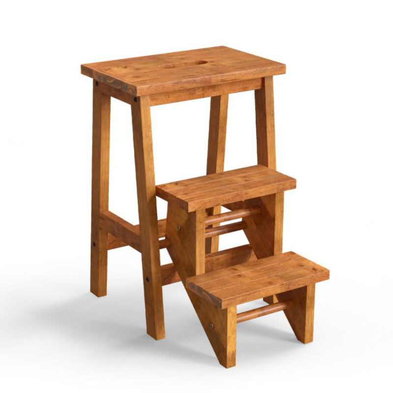 3 in 1 Rubber Wood Step Stool with Convenient Handle Millwood Pines Color Brown